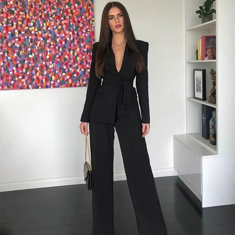 Women s Sexy 2 Piece Black Blazer Pant Suit V Neck Long Sleeve Office Set