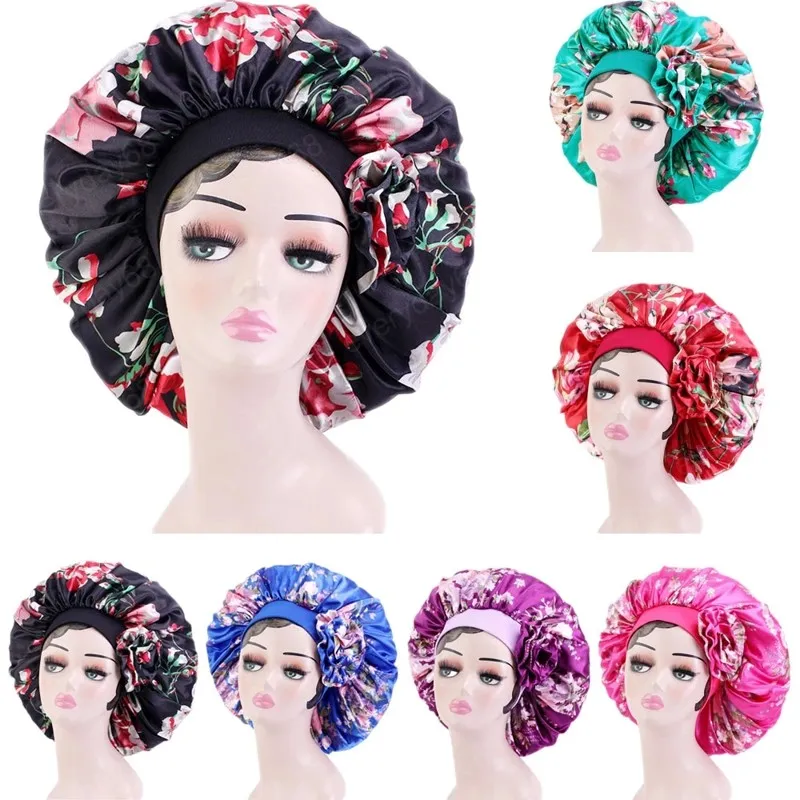 Large Floral Print Satin Silk Turban Bonnet For Women Elastic Wide Band ...