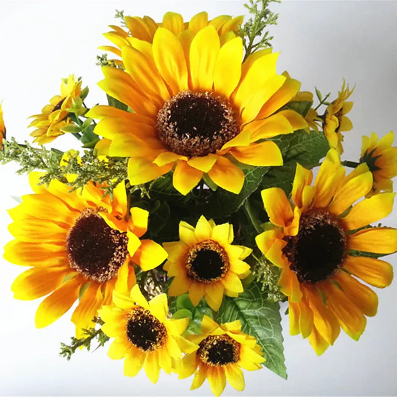 13 Tetes Bouquet De Tournesol De Soie Vive 7 Fleurs Fausses De Branche Pour La Maison Le Bureau La Fete Le Decor De Mariage Du 1 57 DHgate