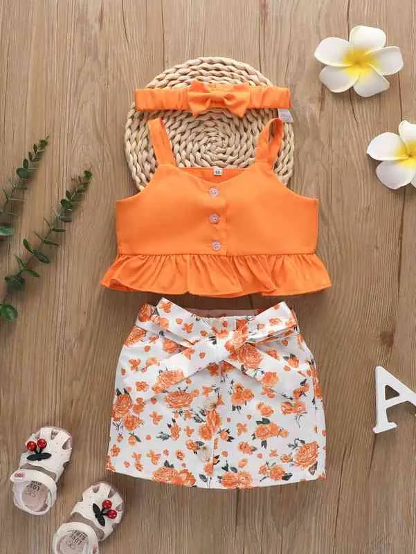 Baby Cami Top with Ruffle Hem & Floral Print Belted Skirt with Headband ...