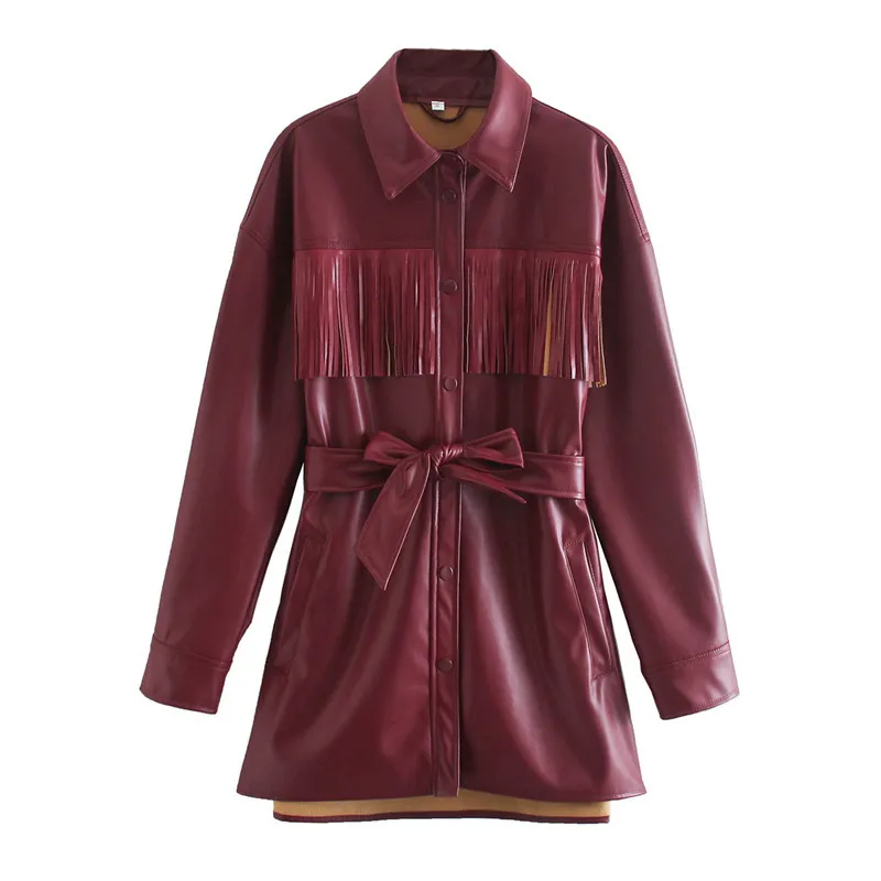 BLSQR Women's Red Faux Leather Jacket Coat with Slash Tassels, Long ...