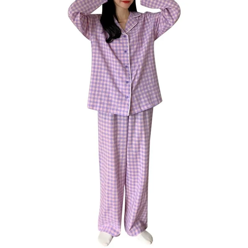 Korean Purple Grid Girls Pajama Set Long Sleeve Winter Lounge Sleepwear ...
