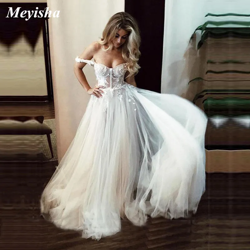 Elegant Off Shoulder Tulle Lace Appliques Wedding Dress For Women 2024 From Meyisha, $69.35 ...