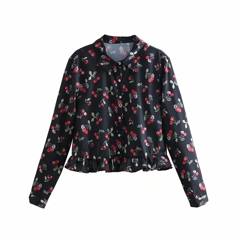 Chic Cherries Print Blouse - Fashionable Ruffle V Neck Top for Women ...