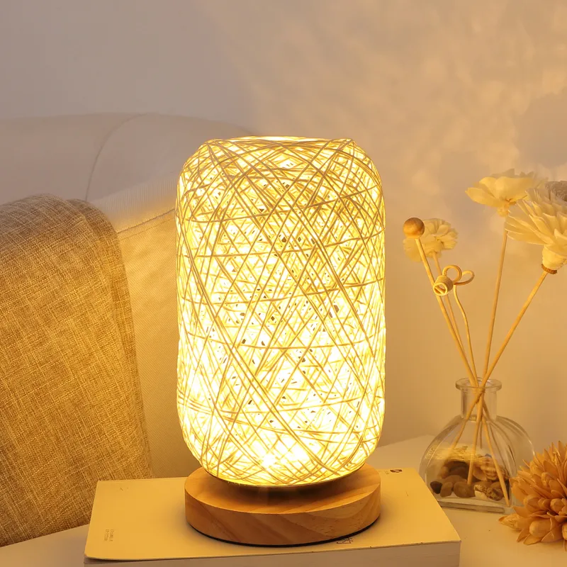 Rattan Floor Lamp: Nordic Wooden Bedside Lamp With Rattan Twine Shade ...
