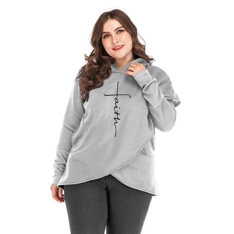 Faith Print Plus Size Long Hoodie Long Sleeve Autumn/Winter Sweatshirt With Pocket, Plus Size ...