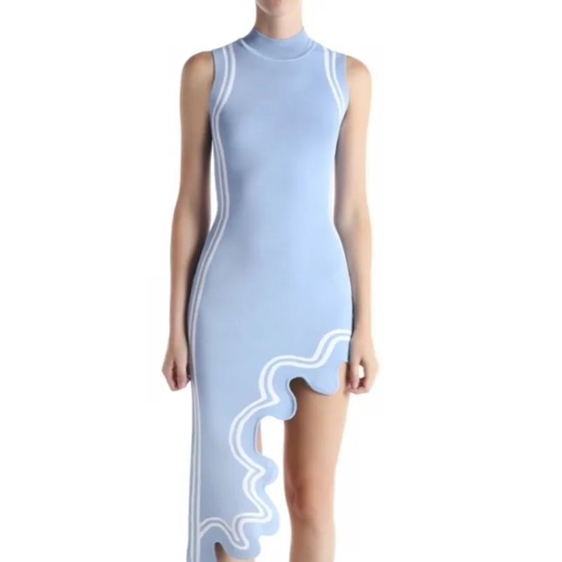 Sky Blue Black Striped Knit Sleeveless Sleeveless Dress With ...