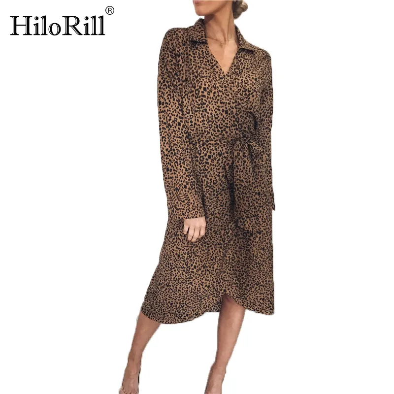 Vintage Leopard Print Chiffon Dress Long Sleeve V-Neck Mid-Calf A-Line ...