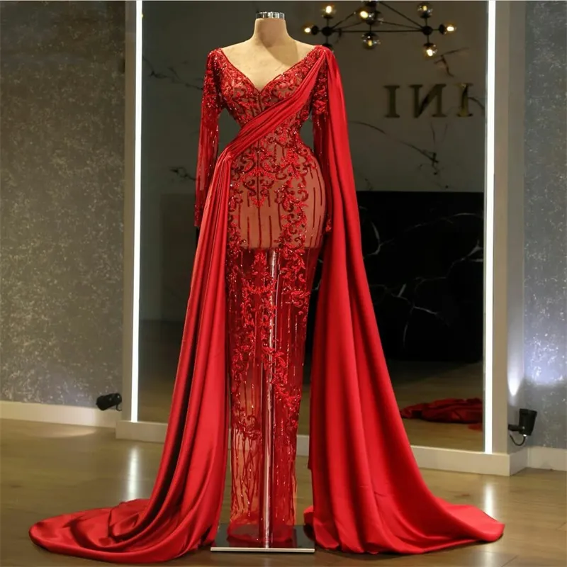 Ruched Mermaid Evening Dress with Wrap Sequins Appliqued Satin Red Prom ...