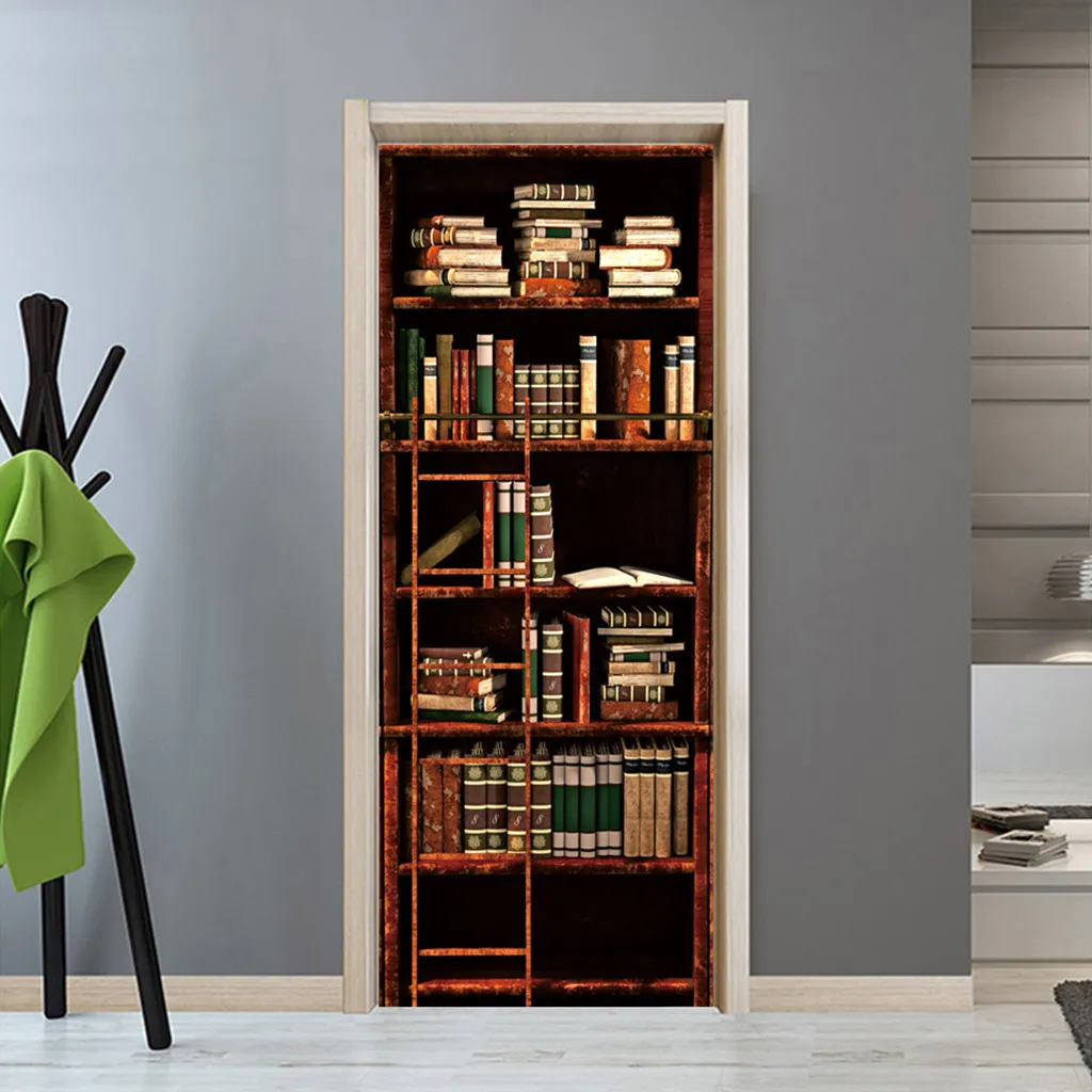 Pvc Door Sticker Mural Decor Vintage Bookshelf Bookcase Wall Stickers ...
