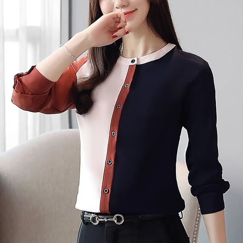 Chic Women's Long-Sleeve O-Neck Chiffon Blouse in Spliced Colors for ...