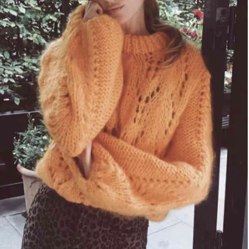 Knitted Crochet Flower Cutout Lantern Sleeve V-Neck Pullover Sweater ...