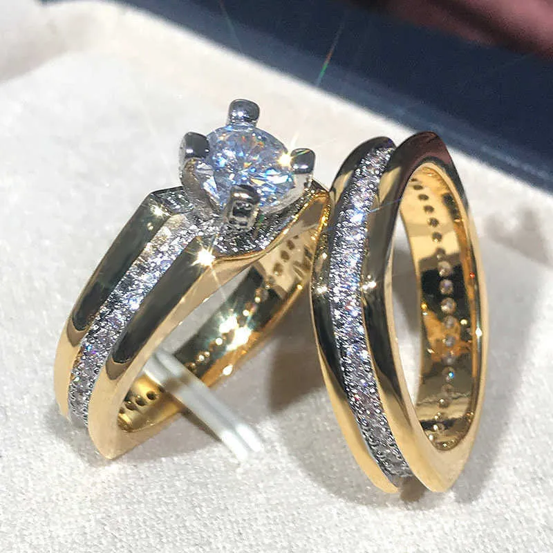 Huitan 2-Piece Bridal Ring Set: Luxury Gold Color Geometric Wedding ...