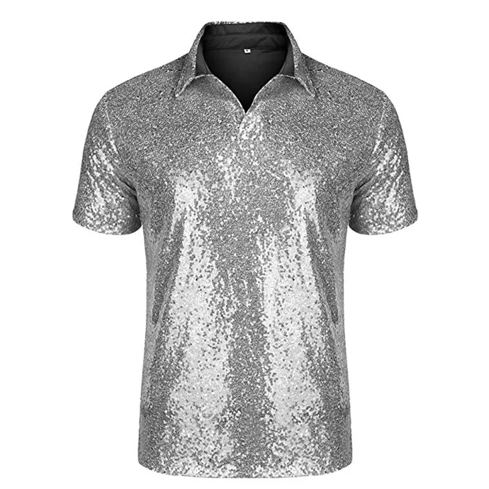 Royal Blue Sequin Polo Shirt For Men Short Sleeve Nightclub Party Sparky Shirt With Turndown ...