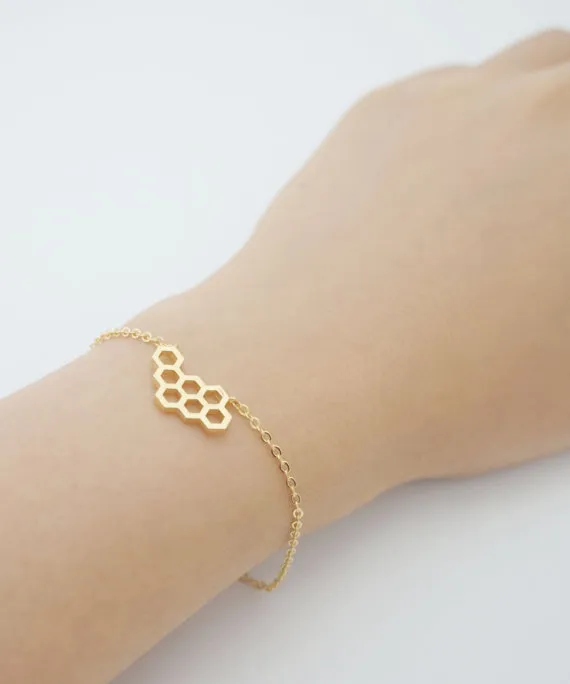Gold Silver Honeycomb Bracelets, Beehive Bracelet Set For Women Girls, Hexagon Charm Adjustable ...