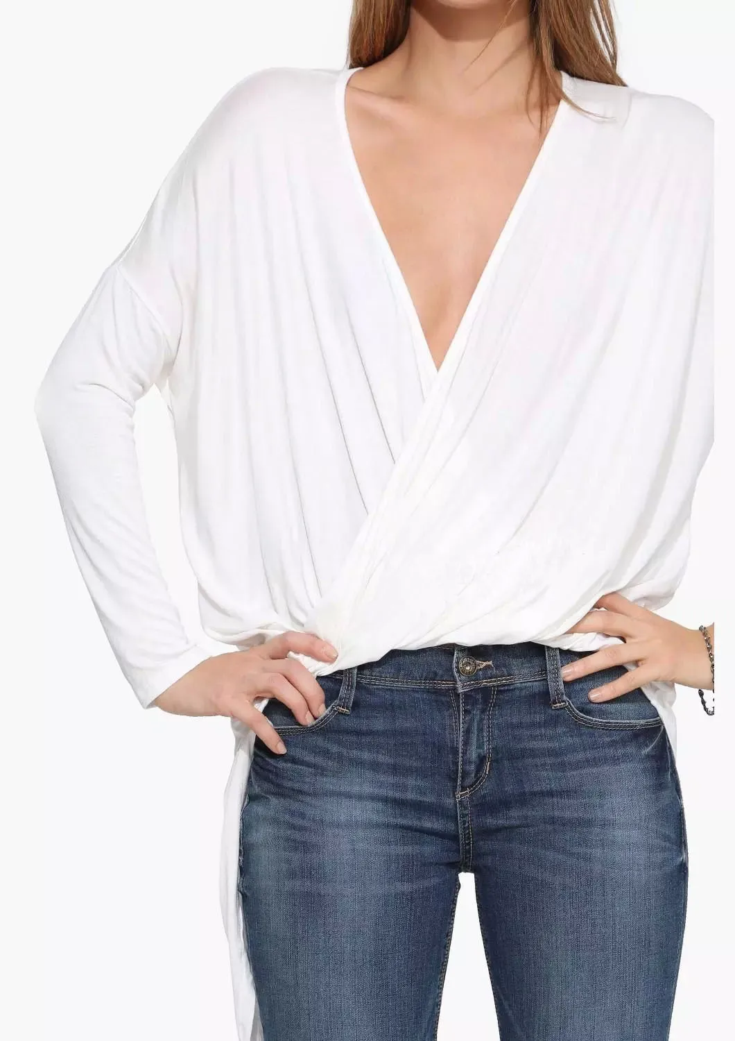 Long Sleeve Front Knot Twist Drape Asymmetric Slit Split Maxi Top ...