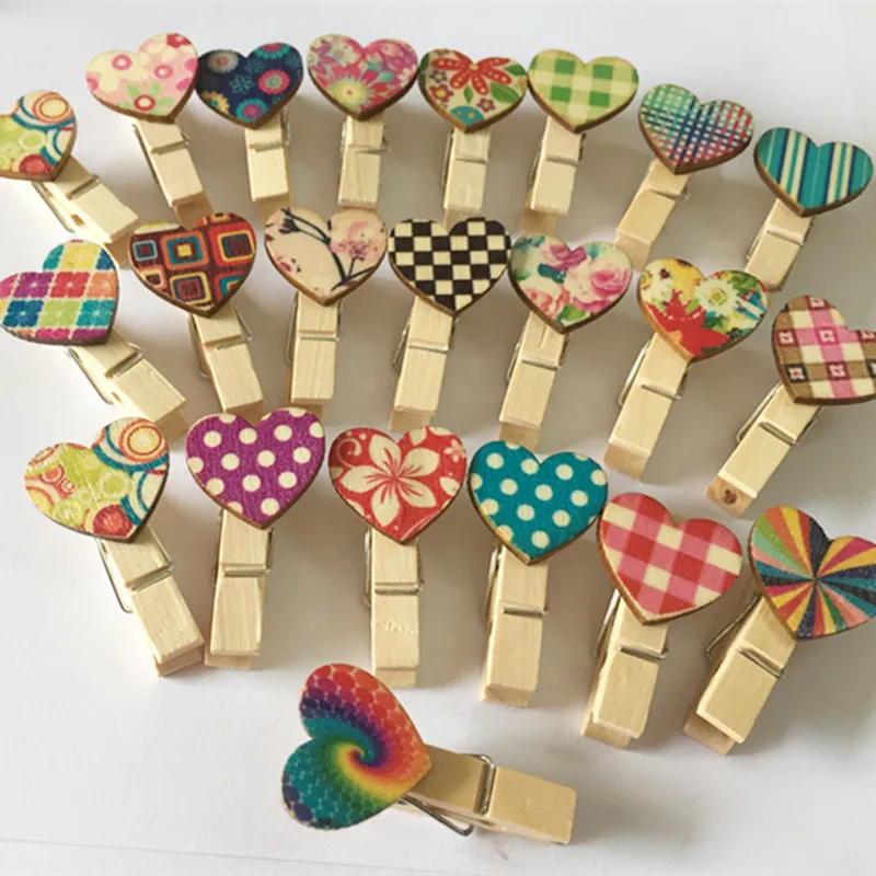 100 Pack Mixed Color Wooden Love Heart Clips For Wedding & Party Photo ...