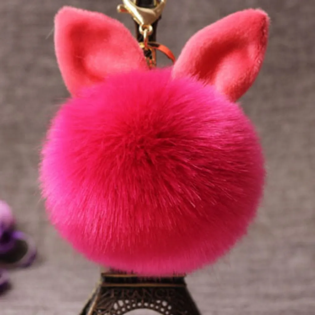 Women Fuzzy Bunny Ear Keychain Fashion Faux Rabbit Fur Keyfobs Hoder ...