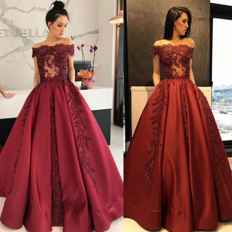 Dark Red Off Shoulder Lace Evening Gown With Pockets With Illusion ...