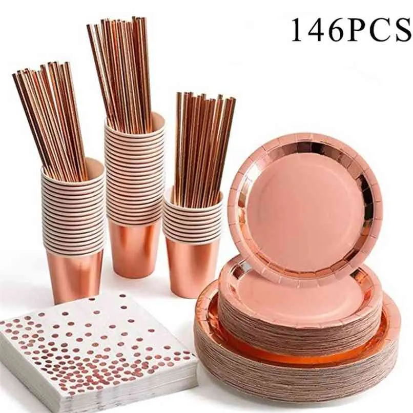 Rose Gold Party Supplies Set - Disposable Plates, Cups, Straws for ...
