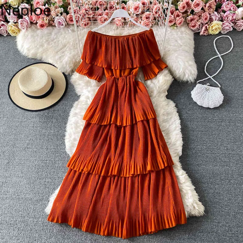 Womens Chiffon Ankle-Length Pleated Dress with Slash Neck and Cascading ...