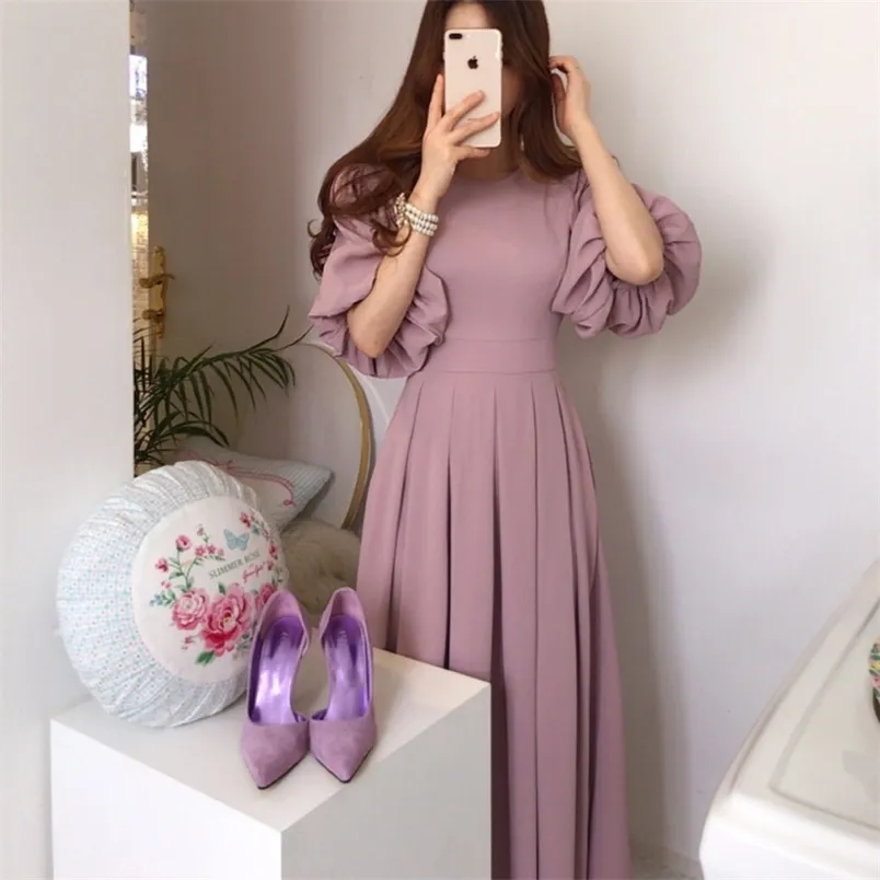 Korean Casual Chic Elegant Woman Long Sleeve Midi Dress Summer OL ...
