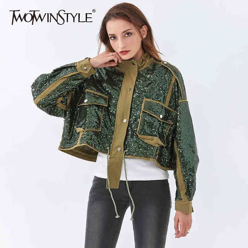 Patchwork Sequined Jacket for Women Turtle Neck Long Sleeve Casual Lace ...