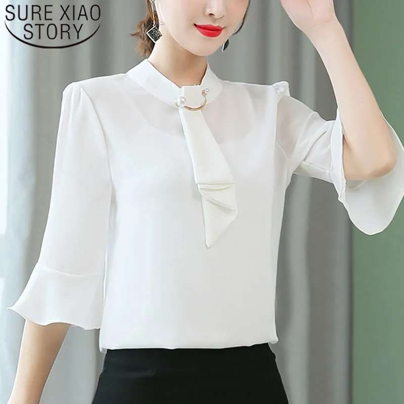 Elegant White Chiffon Blouse: Women's Long Sleeve Top, Flare Sleeve ...