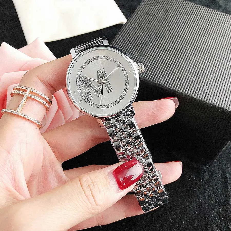 Brand Women Girl Crystal Big Letters Style Metal Steel Band Quartz ...