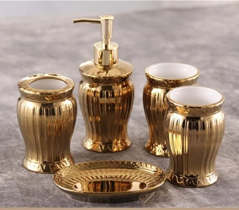 Ceramic Bathroom Set Gold Brushed Brass Toothbrush Holder Soap ...