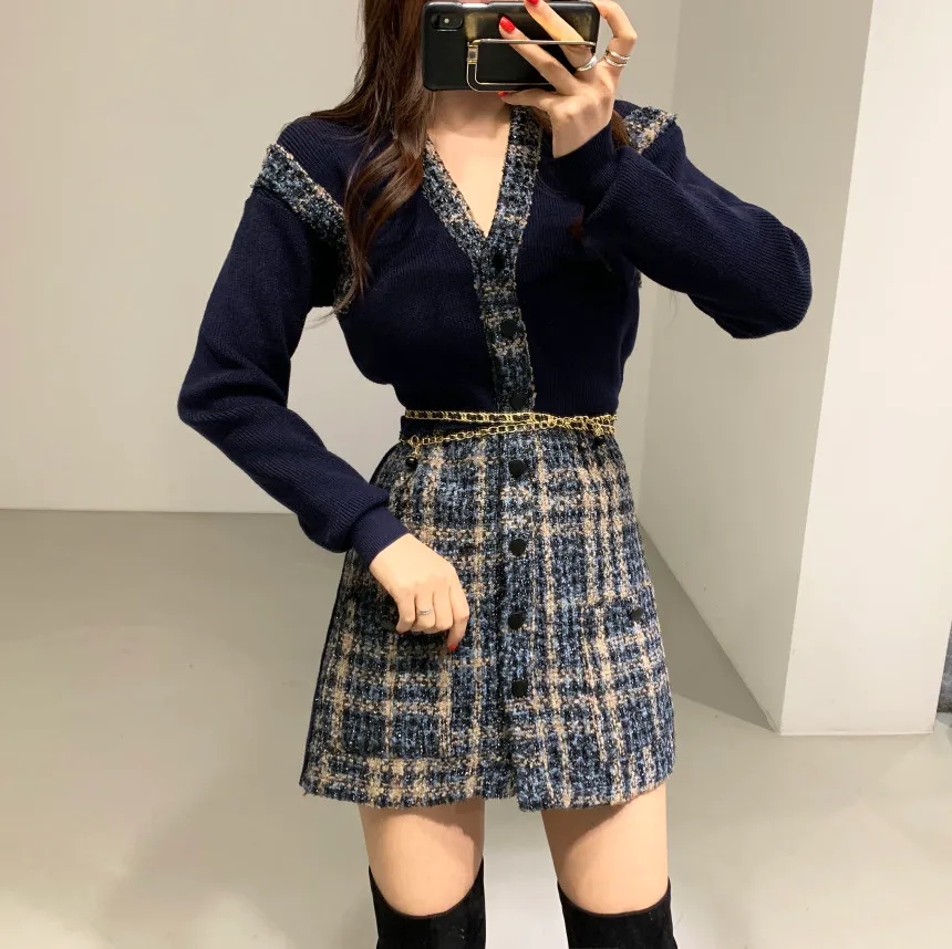 Korean Style Tweed Dress - Autumn Winter V-Neck Plaid Mini Dress with ...