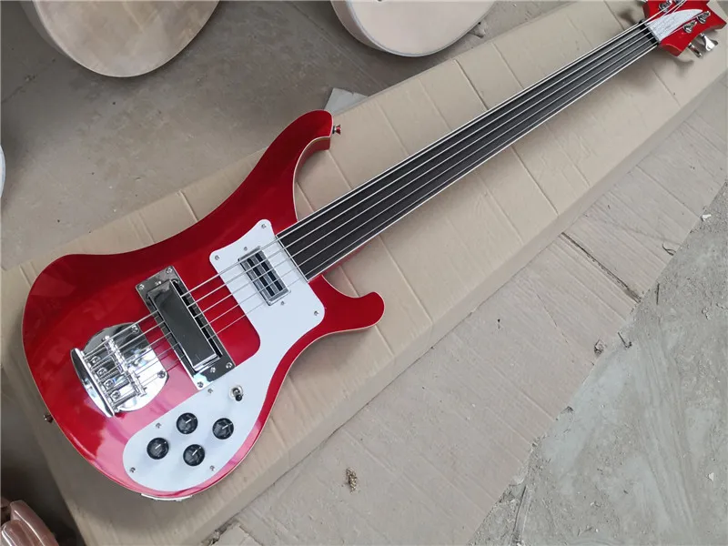 Fretless Metallic Red Electric Bass Guitar 4/5 String, Golden Binding ...