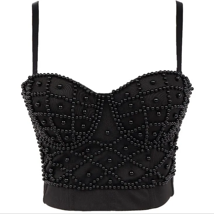 Sexy Pearls Beaded Bustier Corset Crop Top Camis Clubwear Party Cage Push Up Tanks Bra With