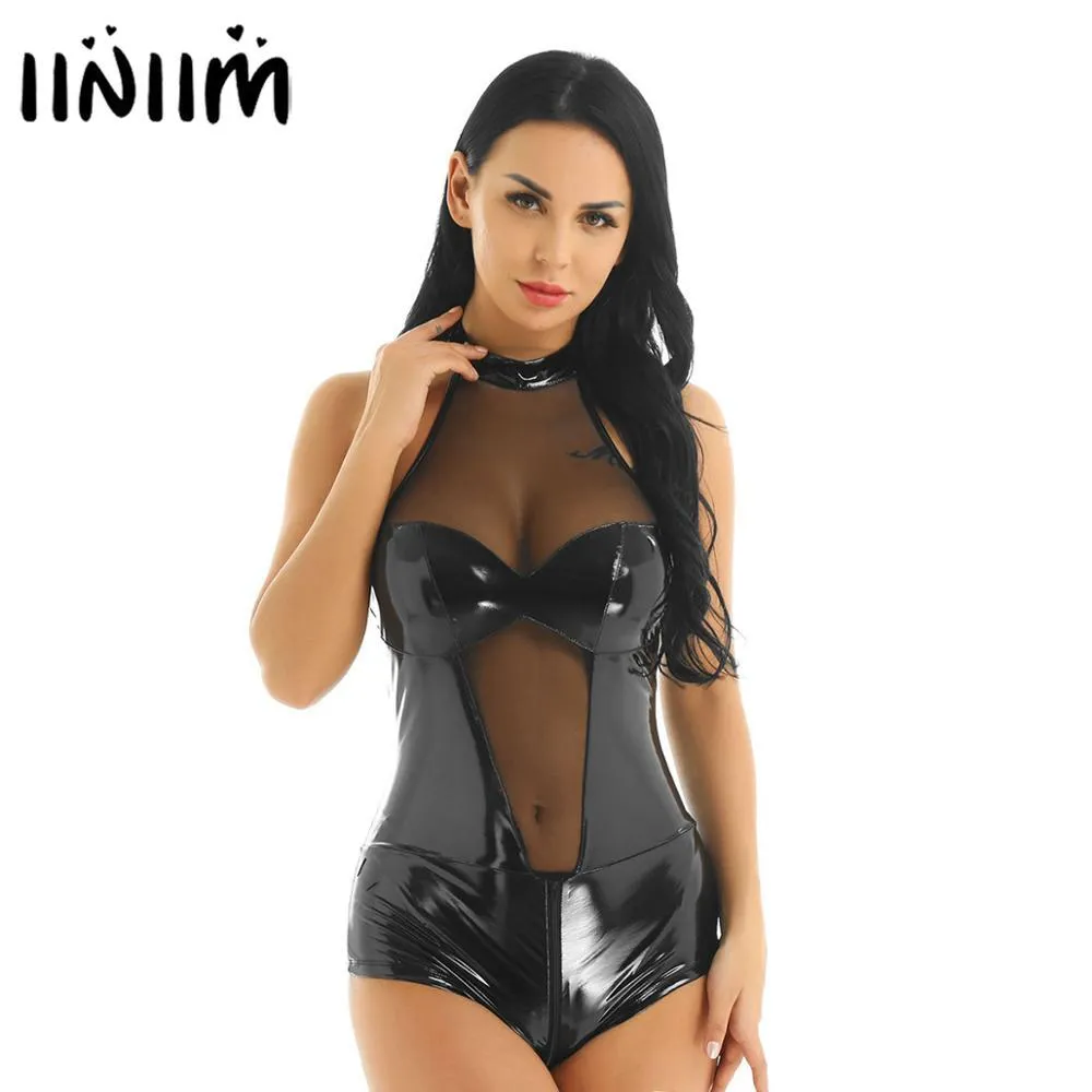 Heiße Frauen Dessous Latex Catsuit Watlook Leder Bodystocking Backless