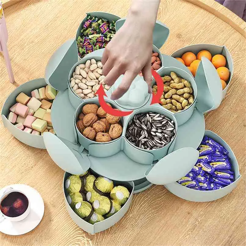 2 Layer Petal Rotating Snack Box Plate Dish Dried Fruit Compartment Nut ...