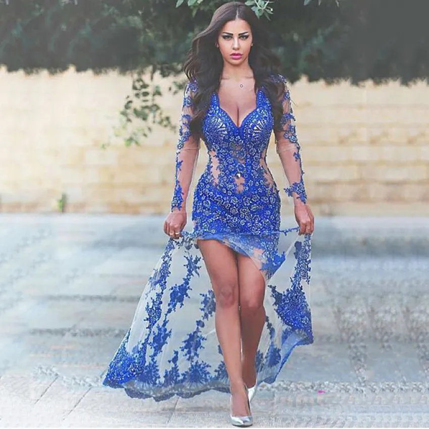 Short Front Long Back Lace Appliques V Neck Long Sleeves Evening ...