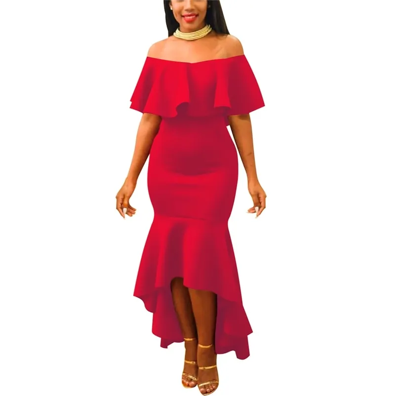 Women's Elegant Mermaid Midi Party Dress with Back Ruffles, Sexy Off ...