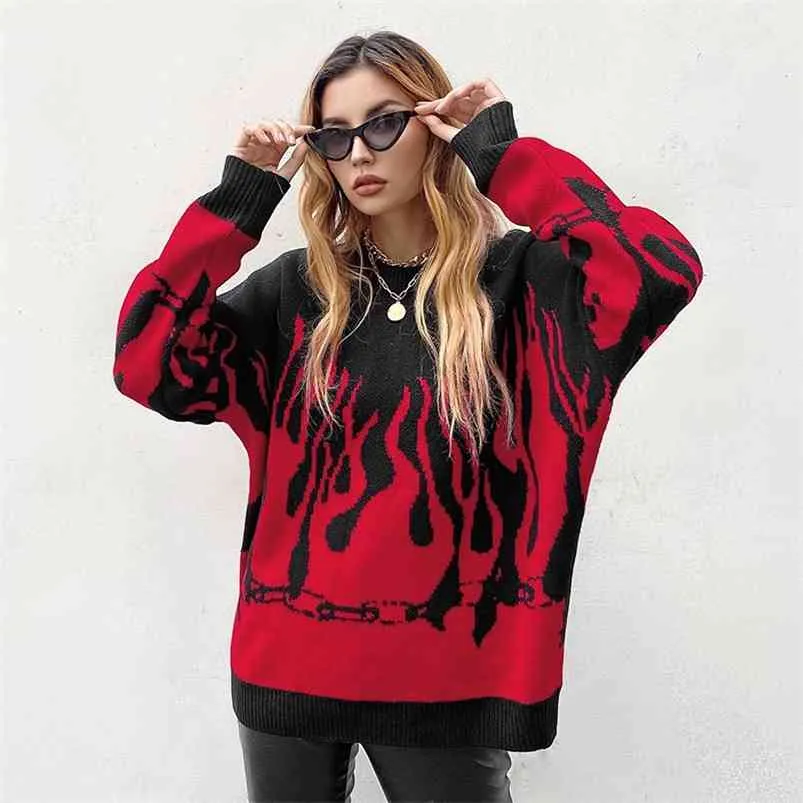 Streetwear Fire Print Women's Acrylic Pullover Sweater with Gradient ...