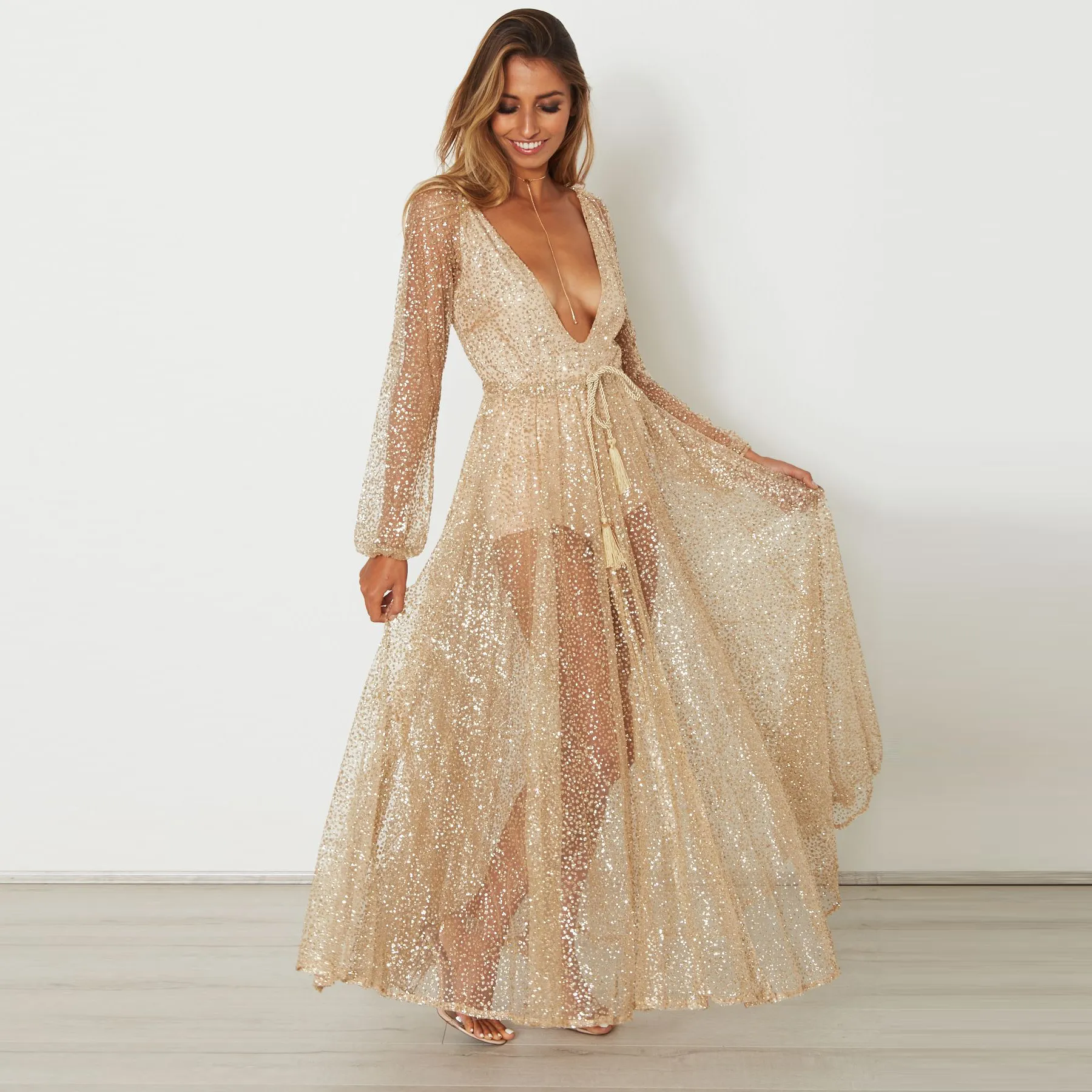 Gold Sequin Cover Up Dress - Rhinestone Mesh Maxi, V Neck Beach Dress ...