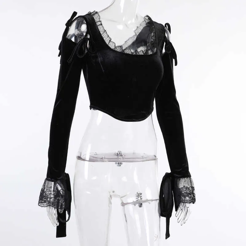 InsGoth Mall Gothic Lace Black Crop Top With Y2K Patchwork And Long ...