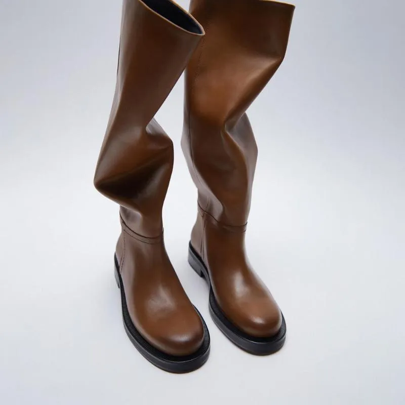 Womens Round Knee Leather Over The Knee Brown Riding Boots With Toe ...