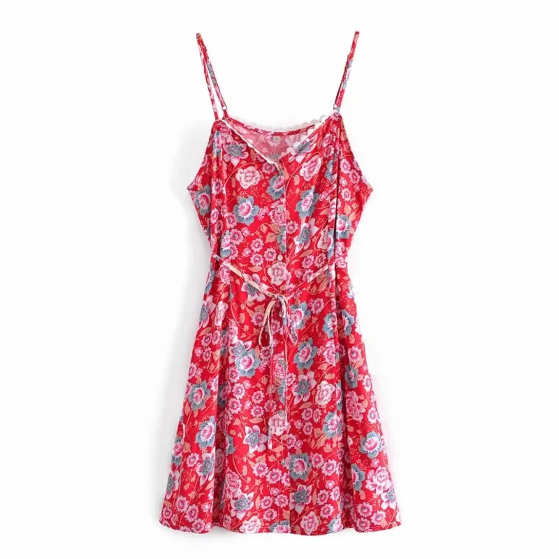 Women Floral Print Suspender Mini Dress Single Breasted Spaghetti Strap ...