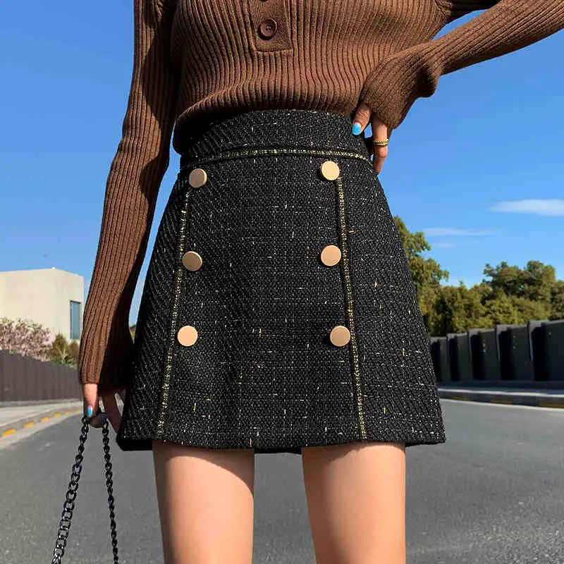 Skirts Autumn Metallic Blend Double Breasted Button A Line Short Skorts ...