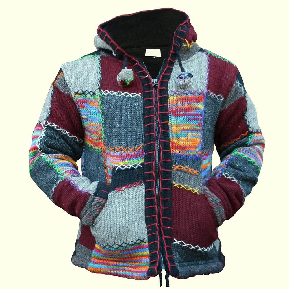 Men's Wool Cardigan Sweater - Patchwork Knit Hoodie, Stretchy Zip-Up ...