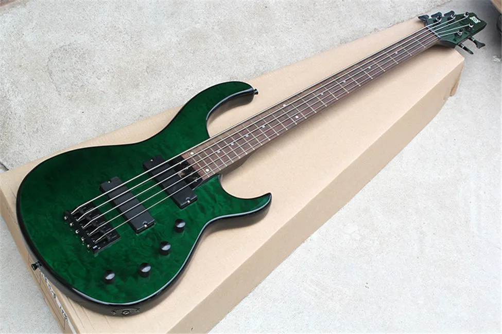 5 Strings Electric Bass Guitars Green Body With Maple Veneer, Black ...