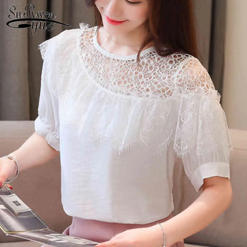 Dames Blouse Zomer Top Femmelace Chiffon Short Puff Sleeve Spliced ...