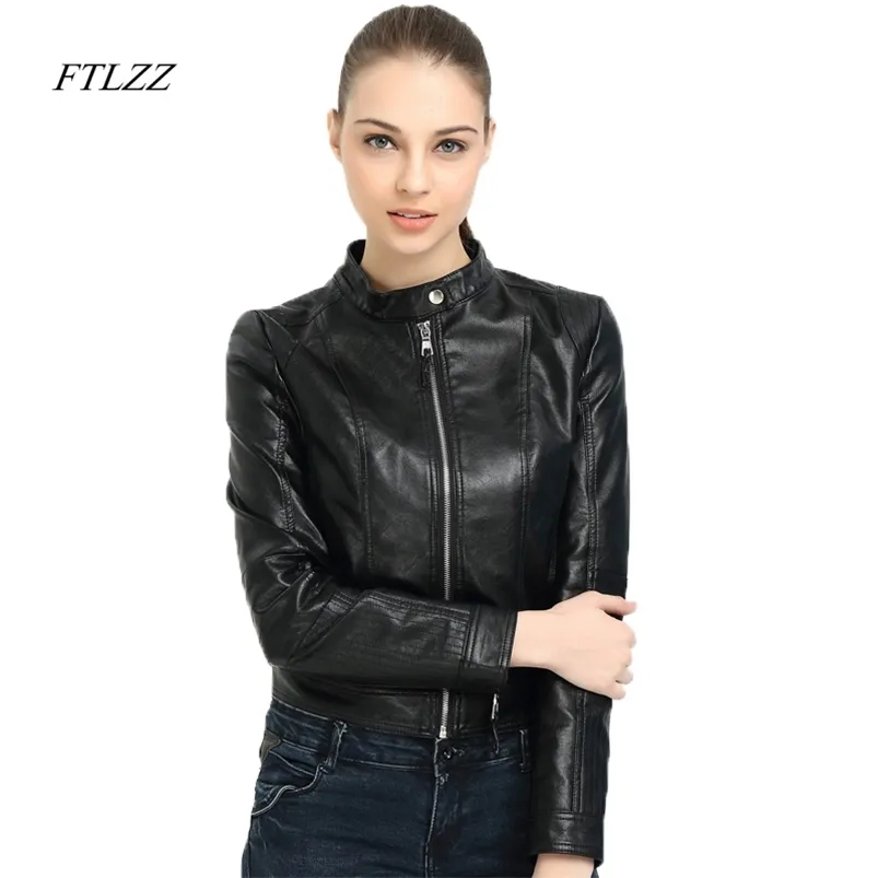 Women Spring Autumn Pu Leather Jacket Vintage Zipper Washed Motorcycle ...