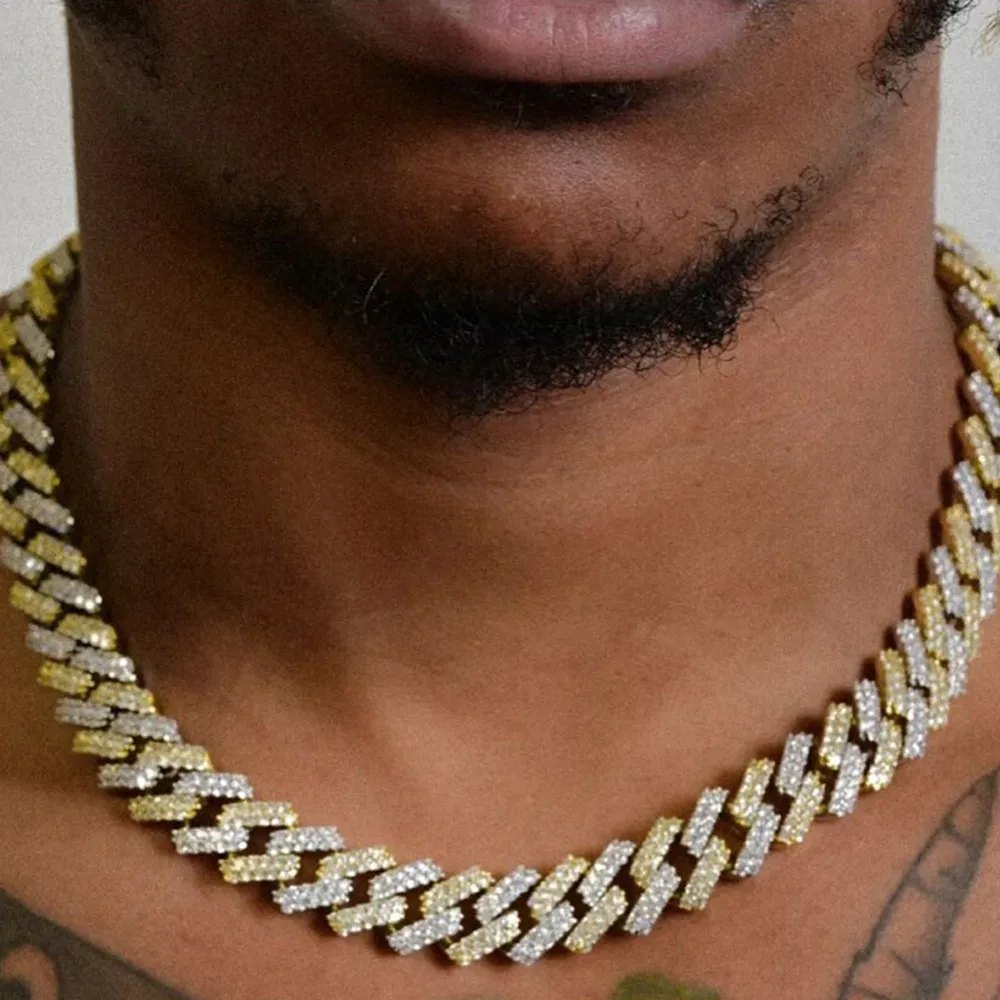 Iced Out Cuban Link Chain - 14mm Two Tone Gold & Silver Diamond CZ ...