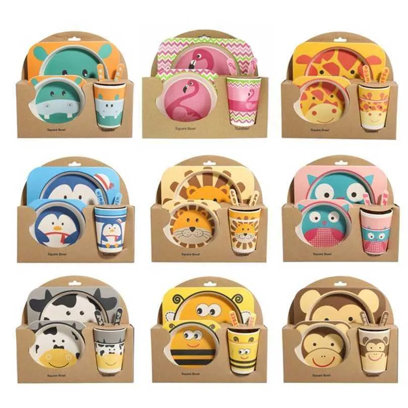 Kids Bamboo Dinnerware Set - Cartoon Feeding Dishes, Natural Fiber ...