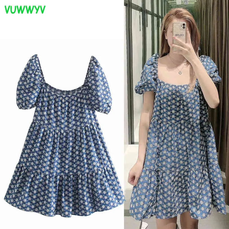 Blue Floral Embroidery Mini Dress for Women with Puff Short Sleeves ...